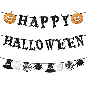 Happy Halloween Banner - Halloween Hanging Paper Garland Bunting Banner Bloody Pumpkin Decorations, Photo Backdrop for Wall Home Mantle Office Wall Scary Party Supplies