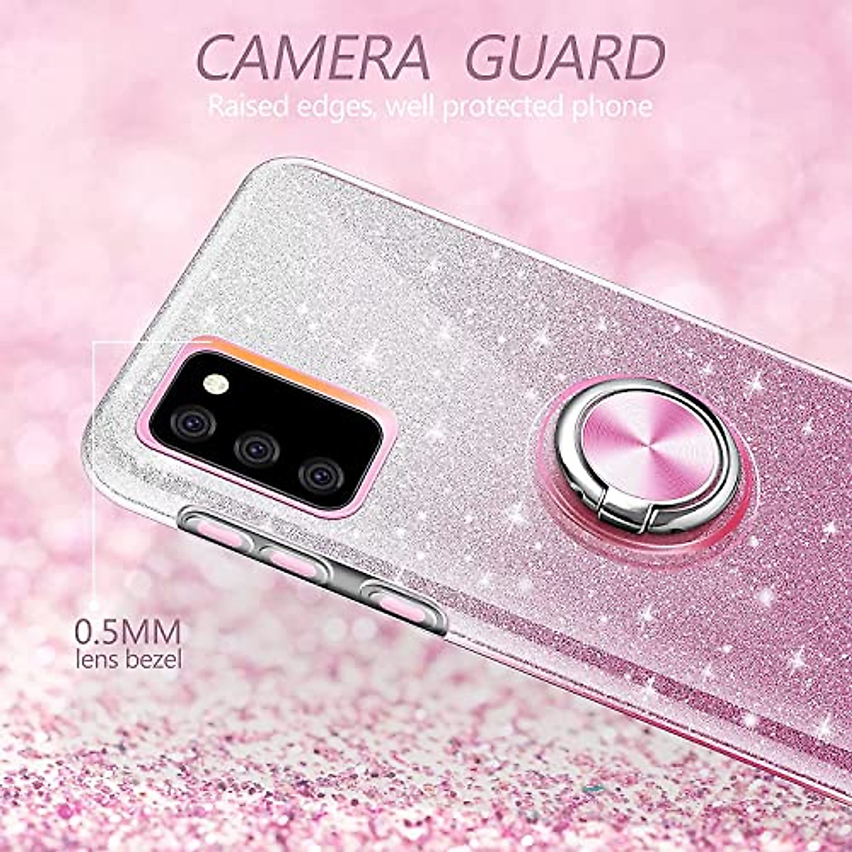 KSWOUS for Galaxy A03S Phone Case with Screen Protector [2 Pack], Glitter Sparkly Bling Pink Protective Cover with Kickstand for Women Girls Slim Shockproof Case for Samsung A03S Case (Pink)