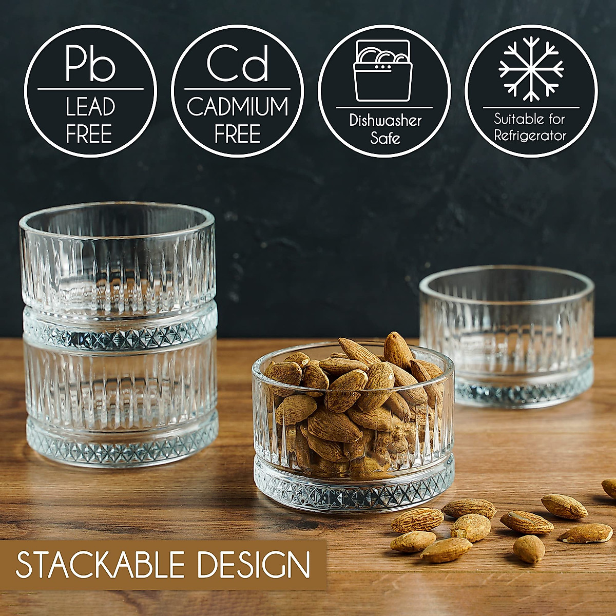 Crystal Bowls Set for Kitchen Prep, Glass Pinch Bowls for Cooking and Serving, Great for Salad, Sauce, Dipping, Dessert and Side Dishes, Set of 4