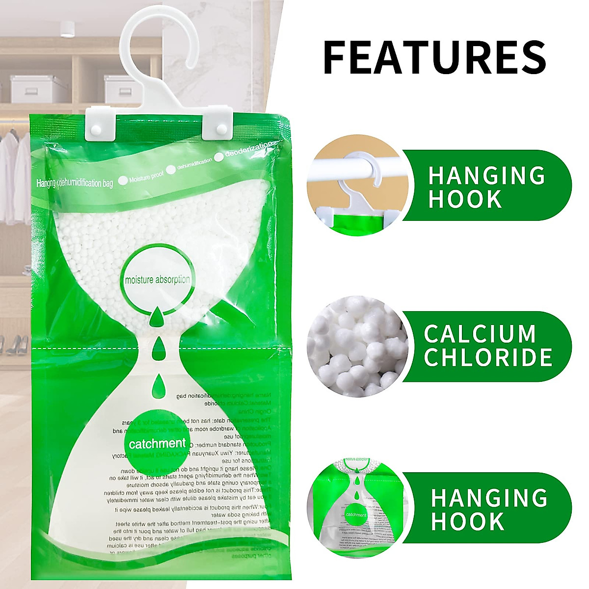Wardrobe Dehumidifier Hanging Bags,7 Packs Moisture Absorber Deodorate Moistureproof Desiccant Use for Kitchen Bathroom Wardrobe,Closet Dehumidifier Bags