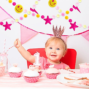 Whaline Preppy Felt Banner 3D Pink Face Lighting Star Banner Felt Ball Garland Pre-Assembled Preppy Theme Bunting Garland for Back to School Dorm Classroom Hanging Decoration Party Supplies