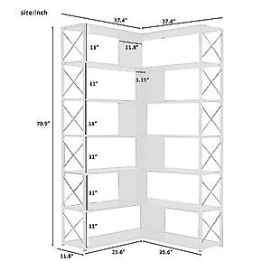 PKUGU 7 Tier Open Bookshelf, Tall 7 Tier Bookshelf, Organizer for Bedroom, Mid Century Modern Shelves, Industrial Style Shelf with Open Storage, L-Shaped Corner Bookcase with Metal Frame, Brown+Black
