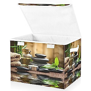Flradish Zen Basalt Stones on Wood Large Oxford Cloth Foldable Storage with Lid and Handles Toys Clothes Storage Basket for Home Bedroom Closet Office