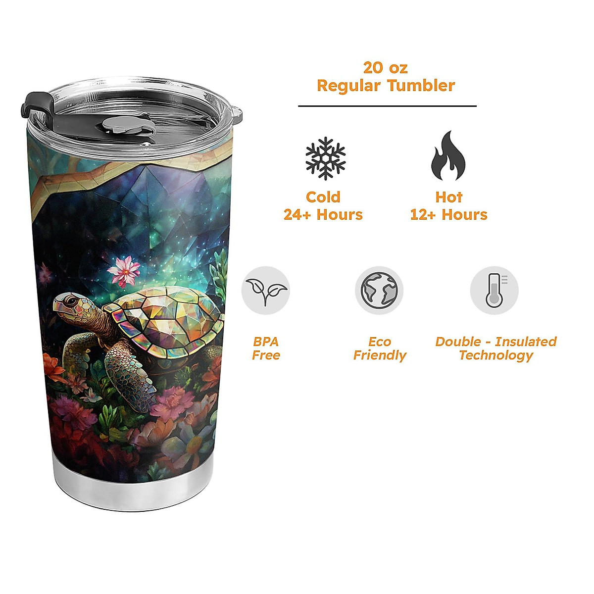 20oz Stained Glass Flower Sea Turtle Tumbler, Gifts for Turtle Lovers, Ocean, Beach Gifts, Coffee Thermos for Women, Stainless Steel Double Wall Vacuum Insulated Coffee Mug, Travel Cup with Lid