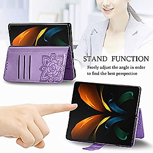 for Samsung Galaxy Z Fold 4 (2022) Case Wallet PU Leather Credit Card Holder Full Body Cute Butterfly Design with Wrist Strap Soft TPU Bumper Full Body Protective Phone Case for Girls Women Purple