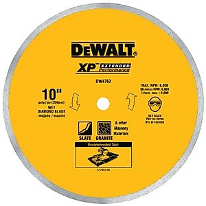 DEWALT Diamond Blade for Porcelain or Tile, Wet Cutting, Continuous Rim, 5/8-Inch Arbor, 10-Inch (DW4762)