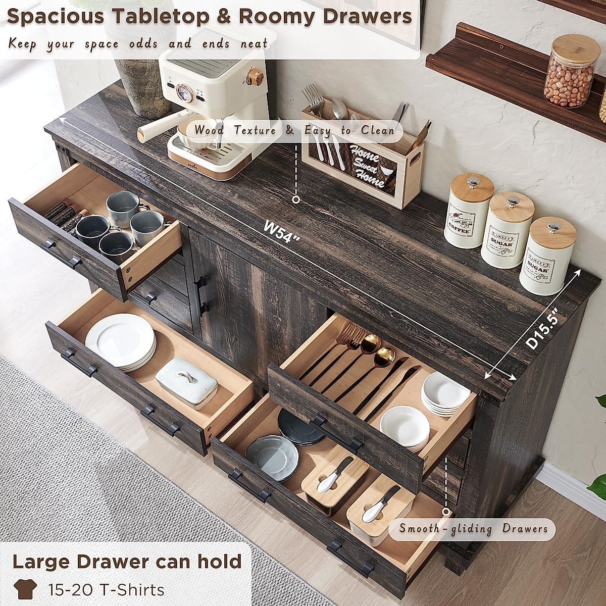 Farmhouse 8 Drawer Dresser for Bedroom - 54 Inch Wide Dresser TV Stand with Storage & Adjustable Shelves, Wood Dressers & Chests of Drawers for Closet, Dark Rustic Oak