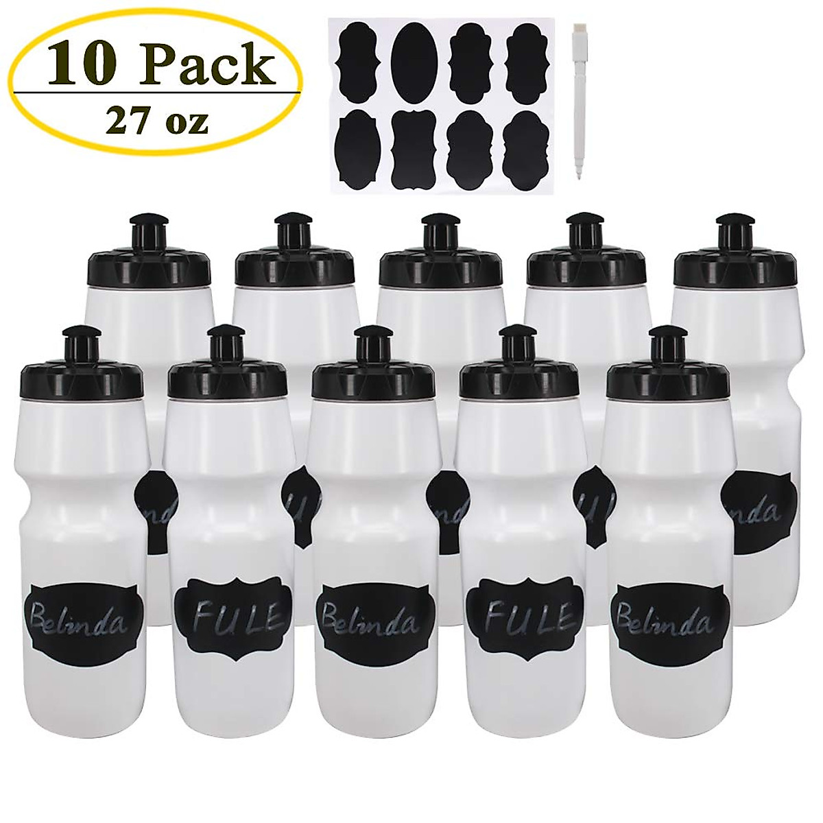 Belinlen 10 Pack 27 oz Sports Water Bottles Sports and Fitness Squeeze Water Bottles BPA Free come with 16 pcs Chalk Labels, 1 Pen(Dishwisher Safe)