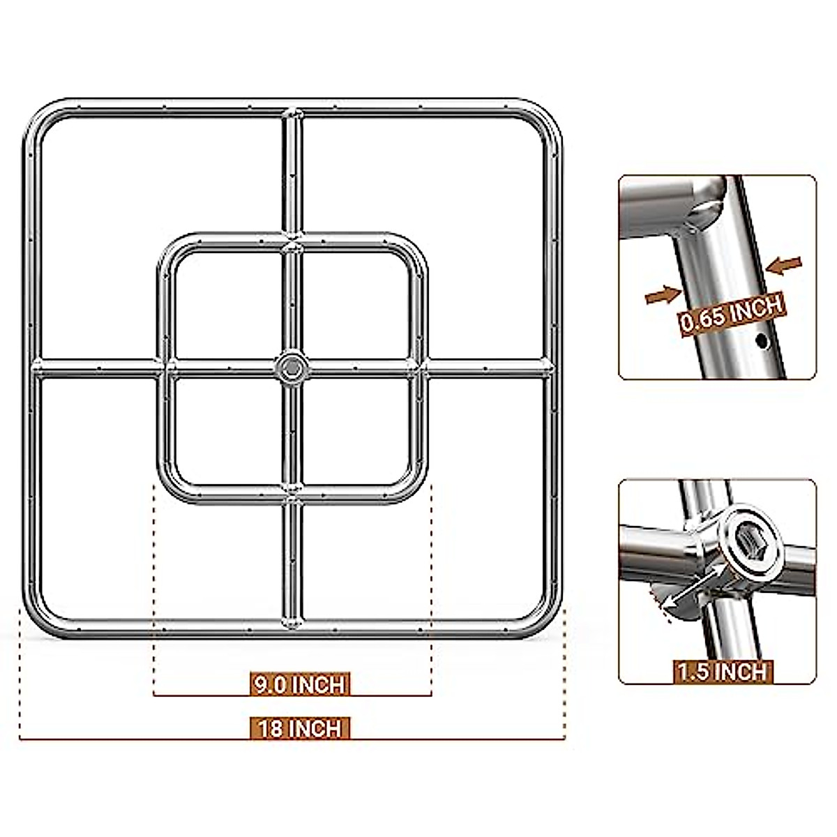 onlyfire 18 Inch Square Fire Pit Burner Ring for Natural Gas & Propane Fire Pit and Fireplace, 304 Stainless Steel DIY Firepit Burner for Both Indoor and Outdoor, BTU 147,000 Max