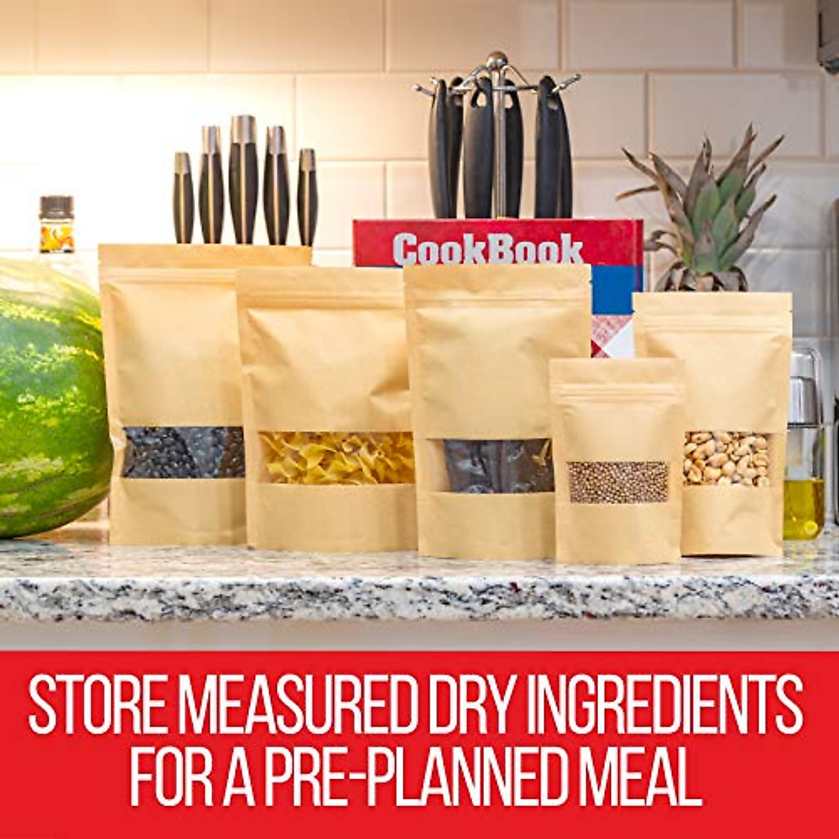 75- Pcs Bulk Heat Sealable Bags for Packaging - Food Grade Zip Stand Up Kraft Bags with Window - Resealable Waxed Paper Pouch Bags for Selling Products (12cm x 20cm) - (4.7" x 8") - 6oz