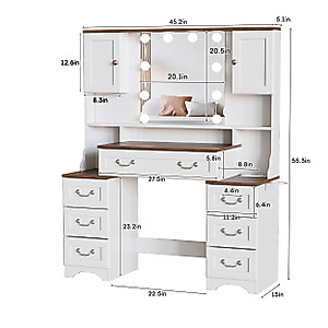 Fameill Vanity Desk with Mirror, Farmhouse Makeup Vanity Desk with Lights, White Makeup Vanity Table with 7 Drawers & 2 Cabinets, 4 Charging Stations, 10 Detachable Light Bulbs
