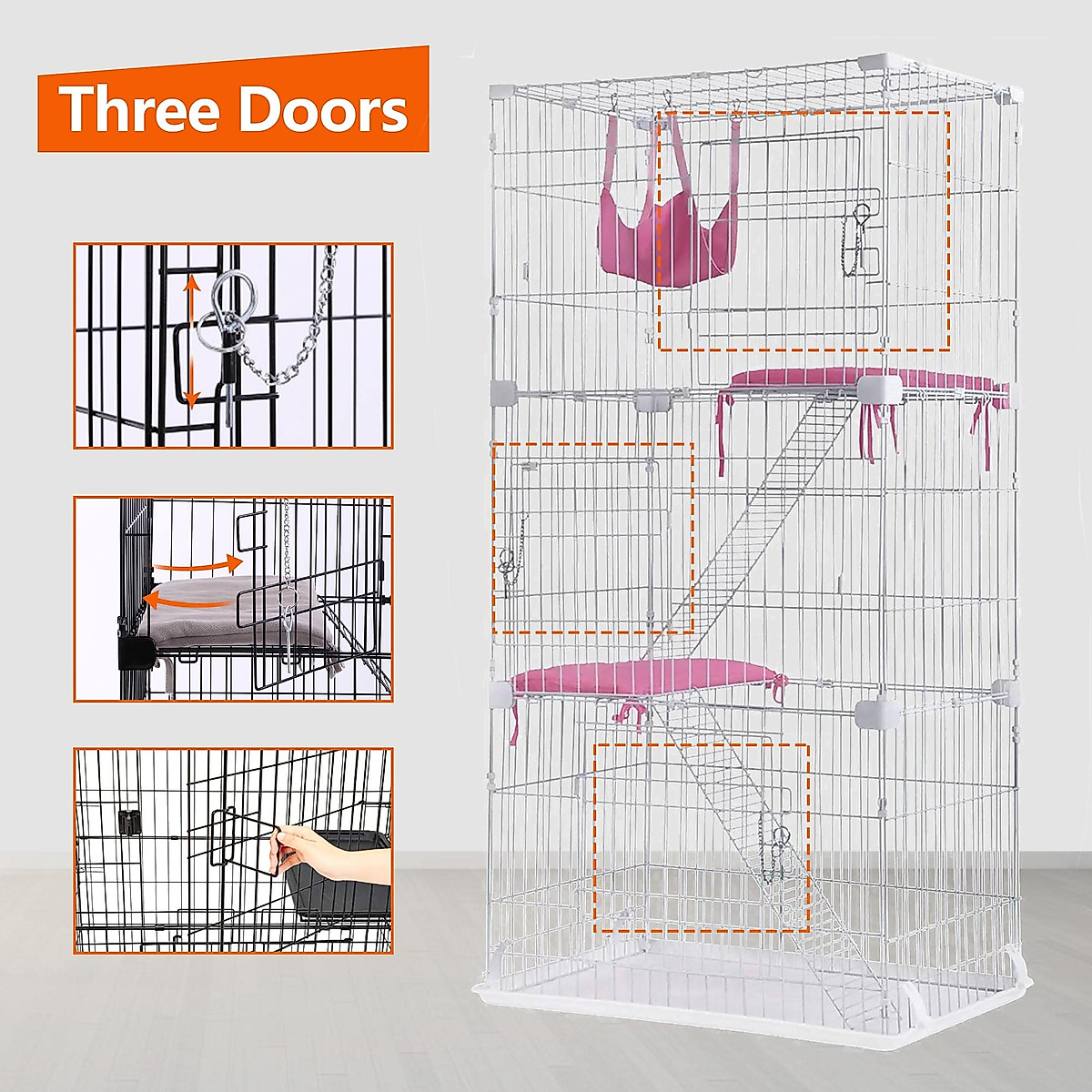 BIQWBIC 3-Tier 67 Inch Large Cat Cage, White, Collapsible, Hammock, 3 Cat Beds, 2 Ramp Ladders, Easy Litter Cleaning, Quick Installation