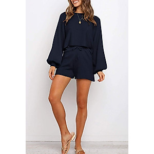 ZESICA Women's Casual Long Sleeve Solid Color Knit Pullover Sweatsuit 2 Piece Short Sweater Outfits Sets,Navy,Medium