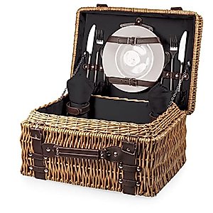 PICNIC TIME Champion Picnic Basket for 2, Large Wicker Hamper Set with Cutlery Service Kit (Black with Brown Accents)