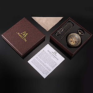 ManChDa Mechanical Pocket Watch, for Men Women Special Magnifier Half Hunter Double Open Engraved Case Roman Numerals with Chain + Box Bronze