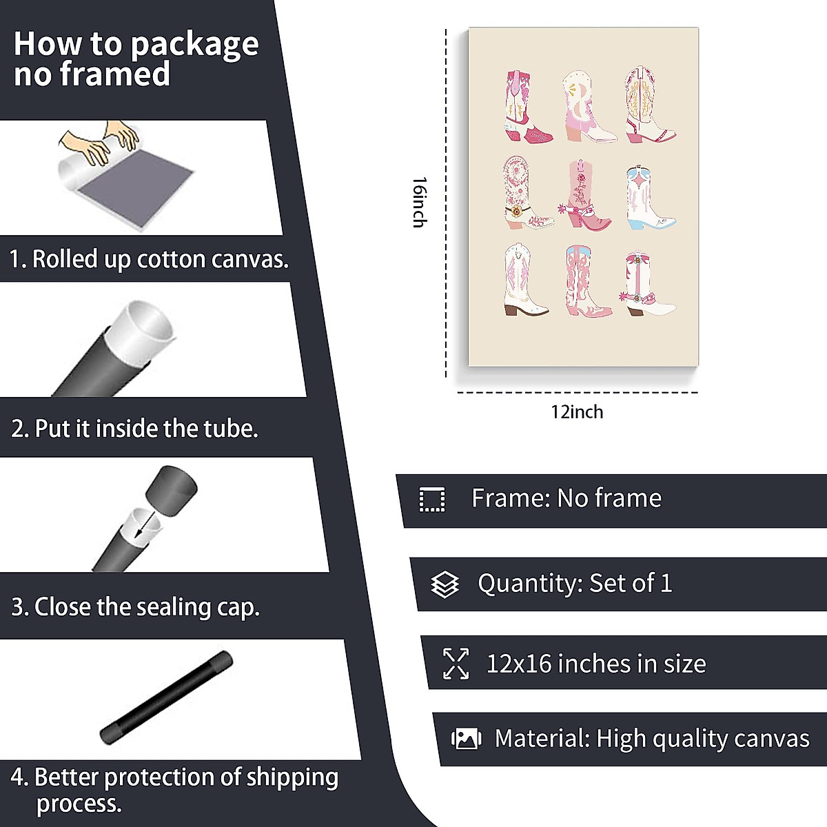 mifyuibytr Cowgirl Boots Print Poster, Pink Western Coastal Cowgirl Boot Aesthetic Canvas Wall Art, Preppy Cowgirl Room Decor 12x16in Unframed