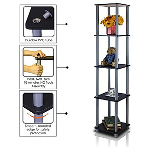 FURINNO Turn-N-Tube 5-Tier Corner Square Rack Display Shelf, Round, Light Cherry/Black