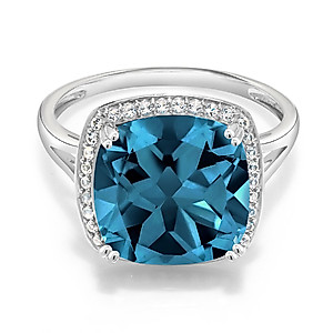 Gem Stone King 10K White Gold London Blue Topaz and White Created Sapphire Engagement Ring For Women (8.54 Cttw, Cushion 12MM, December's Gemstone Birthstone, Available In Size 5,6,7,8,9)