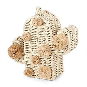 NIBD Beach Bag Cactus Straw Bag Summer Bags with Pom Pom Women Messenger Handbag Braided New Rattan Bag, Beige, 7.5"*7.5"*2.4"