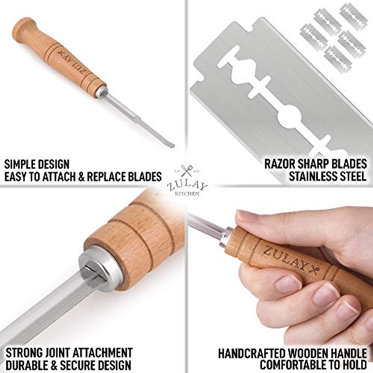 Zulay Kitchen Bread Lame Dough Scoring Tool - Hand Crafted Bread Scoring Tool to Cut Designs on Sourdough, Homemade Bread - Bread Scoring Knife With 6 Stainless Steel Razor Blades and Leather Cover