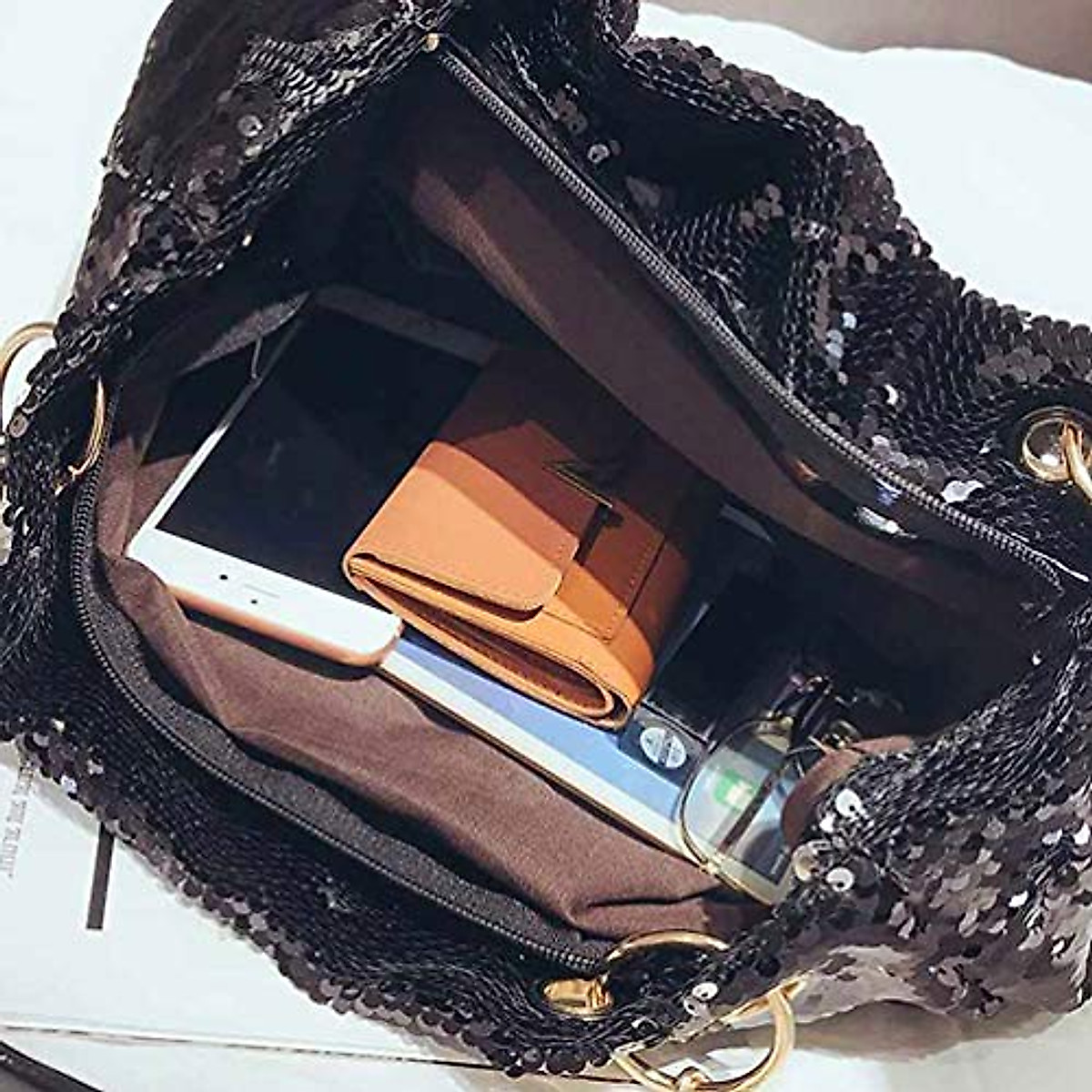 FENICAL Tote Purse Sequin Handbag Zipper Shoulder Bag Glitter Top-handle Bag for Women Ladies Girls - Black