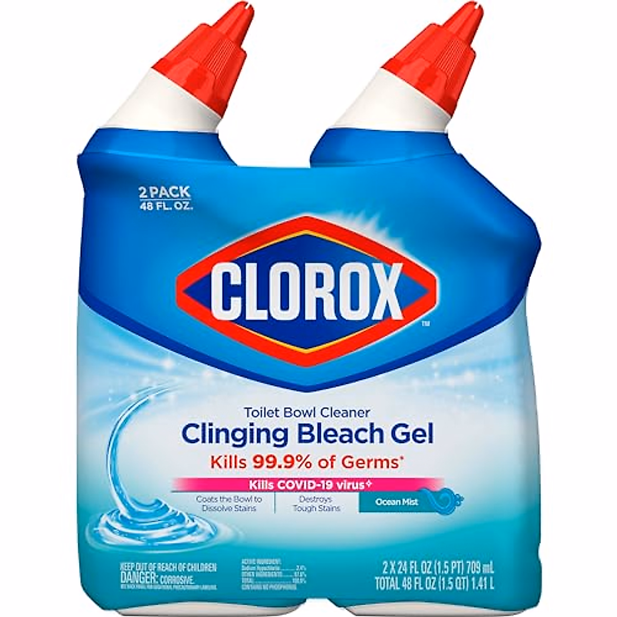 Clorox Toilet Bowl Cleaner, Clinging Bleach Gel, Ocean Mist - 24 Ounces, Pack of 2