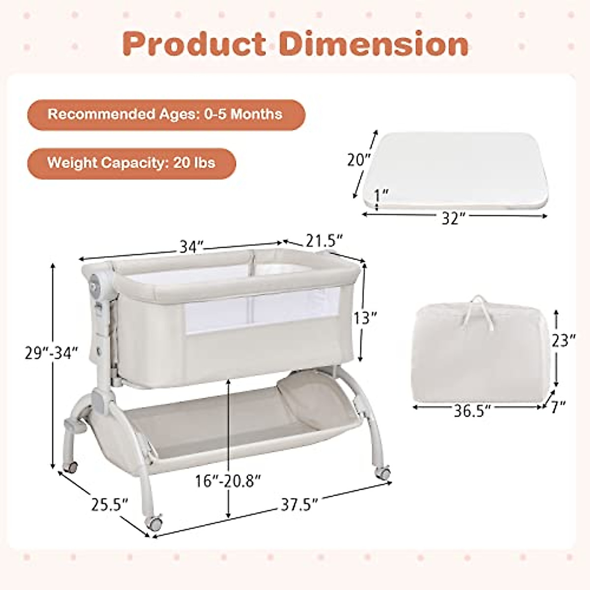 BABY JOY Baby Bassinet, 3-in-1 Rocking Bassinet w/Storage Basket, Double-Lock Design, 7 Adjustable Heights, Soft Mattress & Portable Travel Bag, Bassinet Bedside Sleeper for Newborns Infants (Beige)