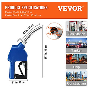 VEVOR Automatic Fuel Nozzle, 3/4' NPT Inlet Thread & 13/16' Spout, 11 GPM Max Flow Rate, Auto Shut Off, Aluminum & PVC Gas Pump Handle with 360° Swivel for Gasoline Diesel Kerosene Biodiesel, Blue,