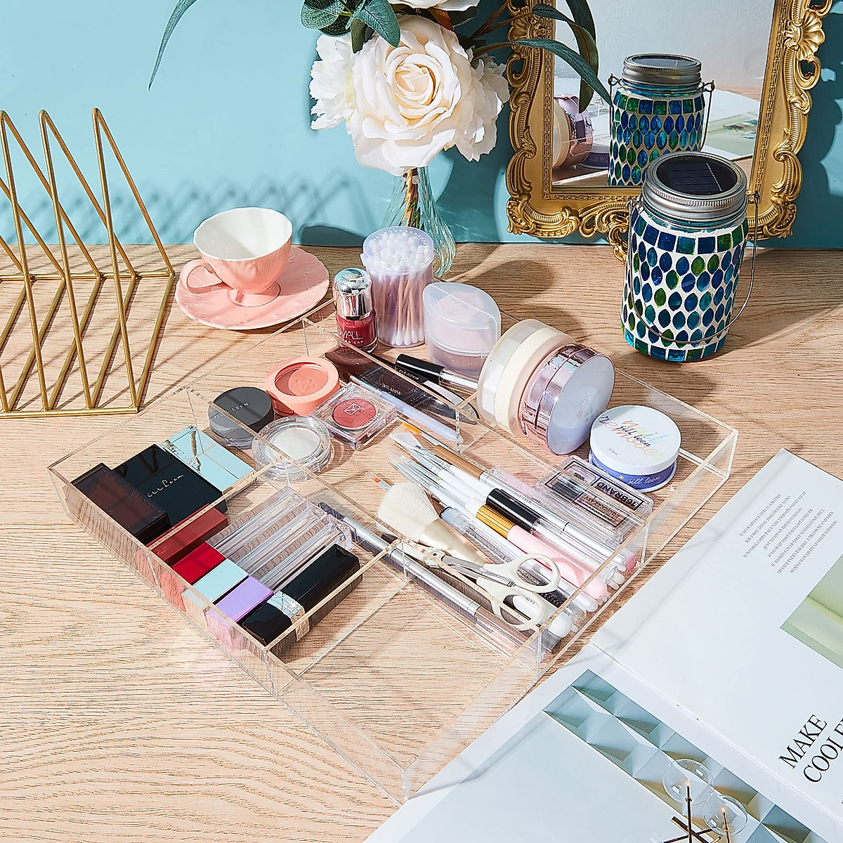 Clear Drawer Organizer 2 Pieces 6 Section Clear Desk Organizer with Dividers 3 Section Acrylic Makeup Tray Divided Clear Drawer Inserts Sectioned Organizer Tray Makeup Organizer Drawers Storage