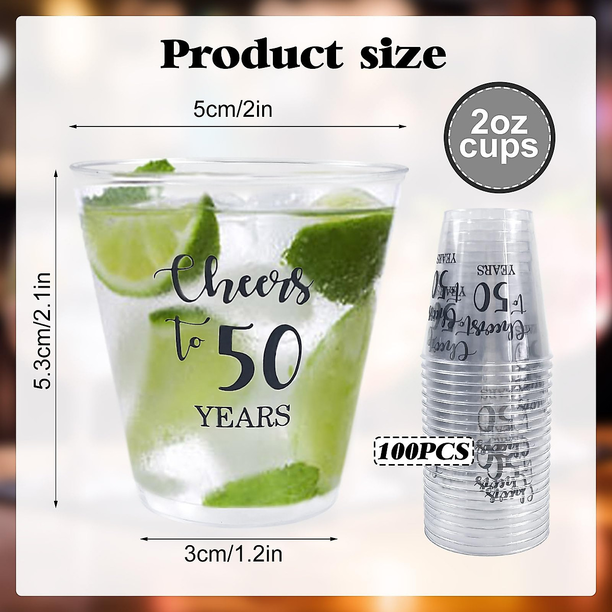 100 Pack Cheers to 50 Years Shot Glasses 2 oz Hard Plastic Disposable Cups, 50th Party Favors Small Clear Tasting Cups for Wine Whiskey for Women Men Wedding Anniversary