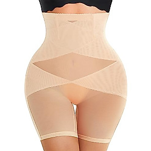 Nebility Women Butt Lifter Shapewear Hi-Waist Double Tummy Control Panty Waist Trainer Body Shaper (L, Beige-Mid Thigh)