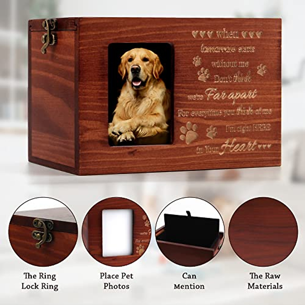 Cumule Pet Urns for Dog or Cat Ashes, Wooden Pet Cremation Urns with Photo Frame, Pet Memorial Keepsake Cat or Dog Memory Box with Black Flannel as Lining, Loss Pet Sympathy Remembrance Gift