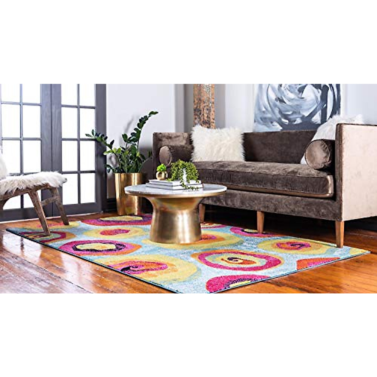 Unique Loom Lyon Collection Colorful Modern Abstract Floral Area Rug, 4 x 6 Feet, Blue/Yellow