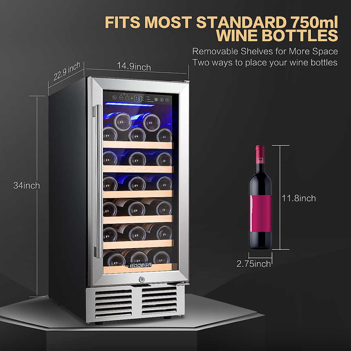 BODEGA 15 Inch wine fridge, 31 Bottles Mini Fridge,Wine Cooler Refrigerator with Double-Layer Glass Door, Wine cooler with smart chip control,Temperature Memory,Built-in or Freestanding.