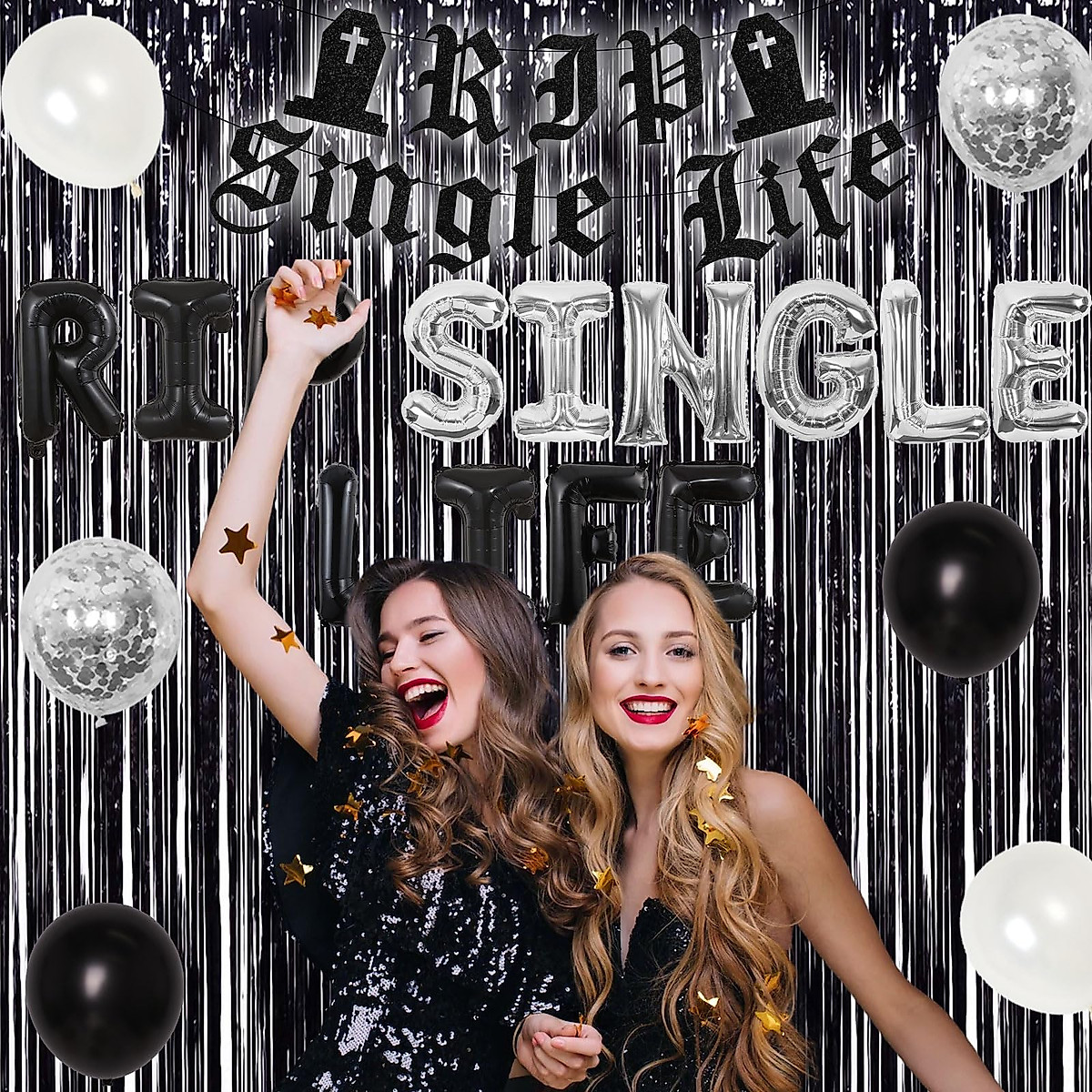 Balterever Gothic Bachelorette Party Decorations Rip Single Life Bachelorette Balloon Garland Kit with Gothic Rip Single Life Banner Rain Curtain for Bridal Shower Engagement