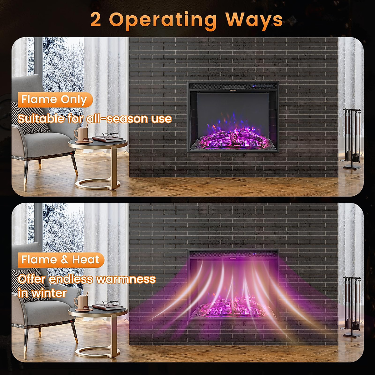 COSTWAY Electric Fireplace Insert 26-inch Wide, 5,000 BTU Recessed and Freestanding Fireplace Heater with Remote Control, 3 Flame Colors, 6 Brightness, 6H Timer, Fireplace for Indoor Use, 750/1500W