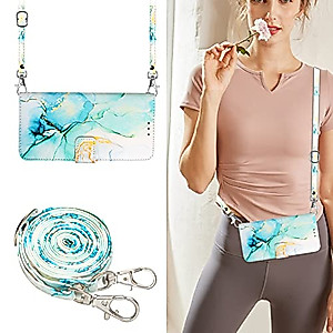 Phone Case Oppo A17 Green Marble Leather Wallet Flip Cases Cover with Credit Card Holder for Women with Long Crossbody Lanyard and Hand Strap