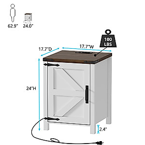 PakaLife Farmhouse End Table with Charging Station, 17.7" Side Tables Living Room with Barn Door & Adjustable Shelf, Bed Side Table/Nightstand w/Magnetic Door for Bedroom