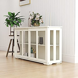 RASOO Kitchen Storage Cabinet Antique Stackable Black Buffet Storage Sideboard Adjustable Shelf Inside Credenza Cupboard with Transparent Glass Sliding Door (White)