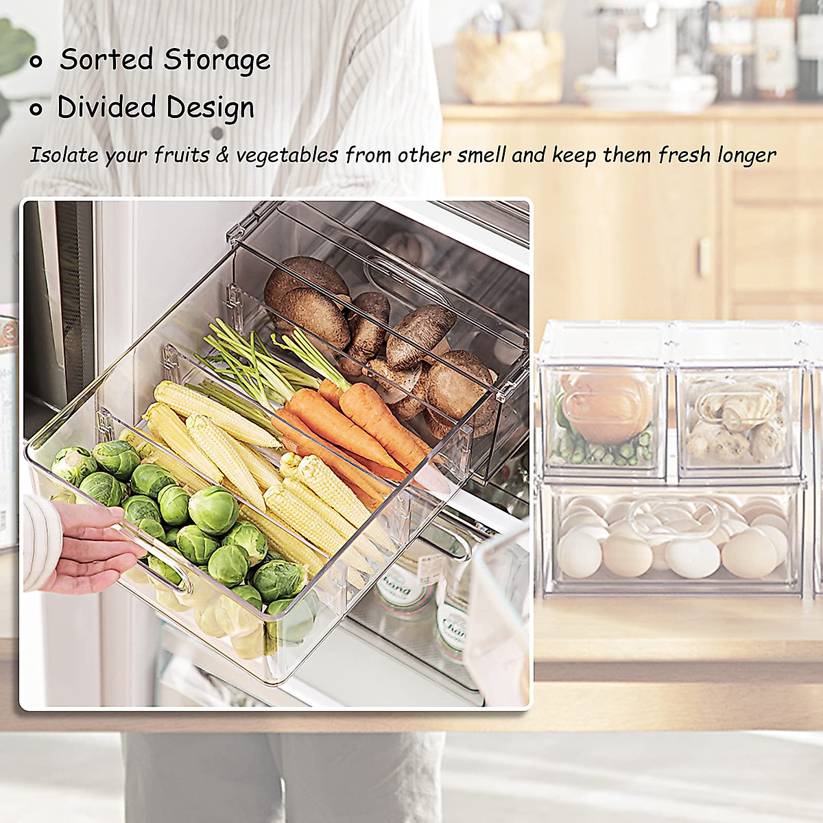 Wonlooker 3 Pack Refrigerator Organizer Bins with Pull-out Drawer, Stackable Fridge Drawer Organizer Set with Handle, Clear Plastic Food Storage Containers for Freezer, Cabinet, Kitchen, Pantry