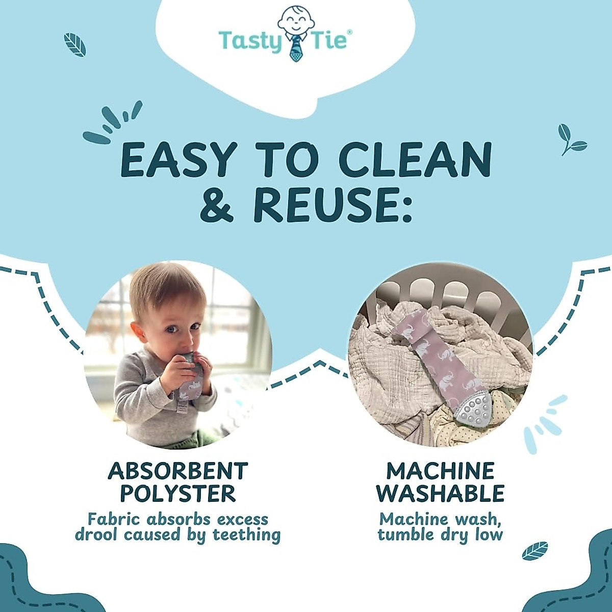 Tasty Tie Teething Tie, 3-in-1 Clip-on Baby Tie, Crinkle Toy & Silicone Teether for 3-6-9-12-18 Month Babies, Unique Baby Boy Gift or Stocking Stuffer, Elephant Style