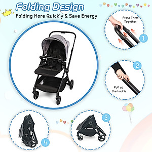 COLOR TREE Baby Stroller Lightweight Stroller for Babies and Toddlers Travel Stroller with Reversible Handle & Reclining Seat, Compact Fold, Grey