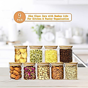Hoanra 15oz Glass Jars with Airtight Bamboo Lids, Small Food Storage Containers, for Kitchen Pantry Organization Tea Coffee Candy Cookies Nuts（9 Pack）