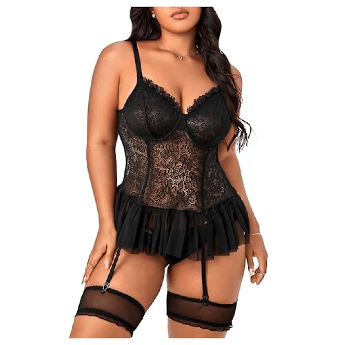 Milumia Women's Plus Size 4 Piece Floral Lace Ruffle Hem Underwire Babydoll Lingerie Sets Black 4X-Large Plus
