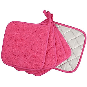 100% Cotton Kitchen Everyday Basic Terry Pot Holder Heat Resistant Coaster Potholder for Cooking and Baking Set of 5 (Dark Pink, Potholder)