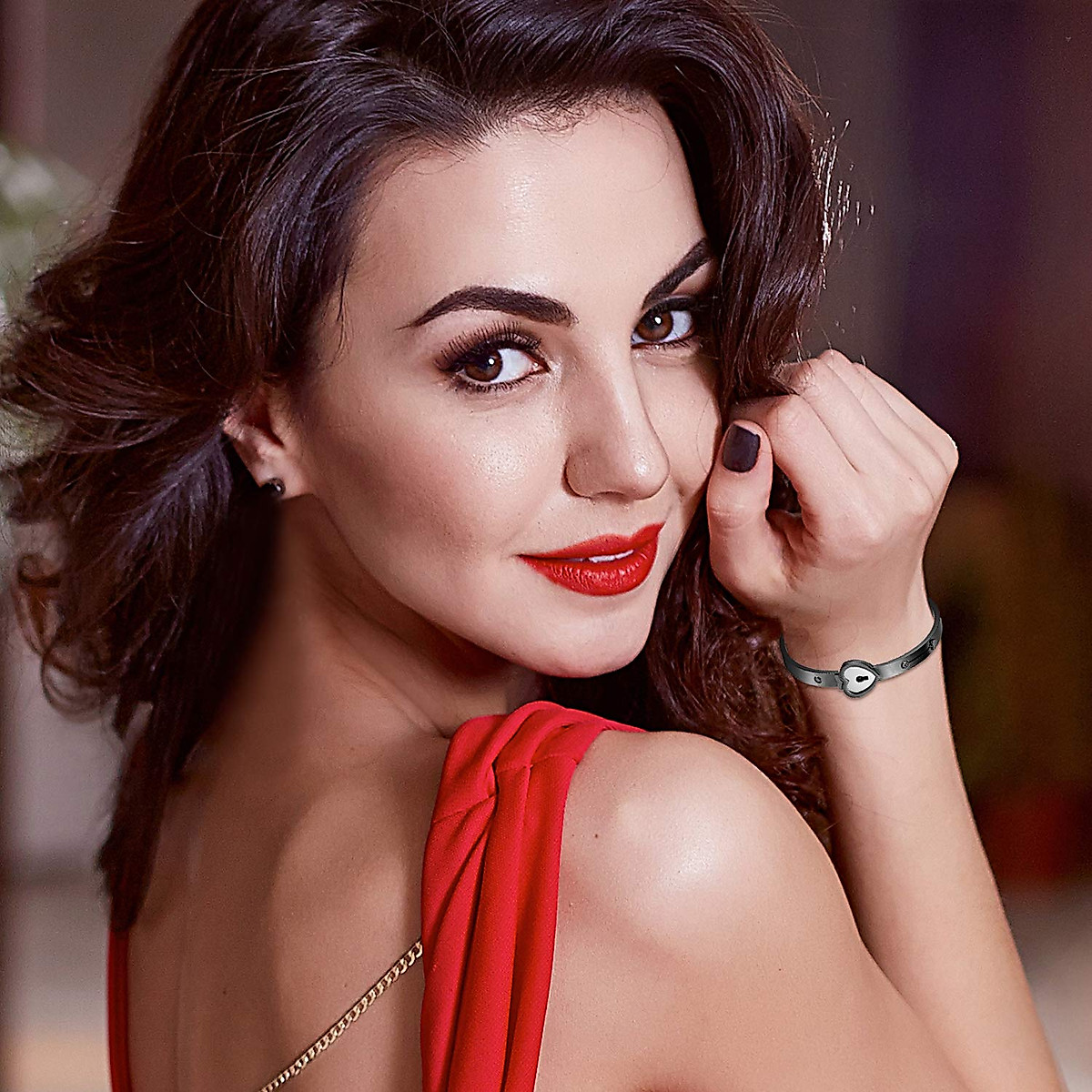 OIDEA His Hers Love Heart Key Lock Macthing Bangle Bracelet Tag Pendat Necklace for Valentines Day Gifts,Silver,Roseold (FBA NON ENGRAVING-Black)