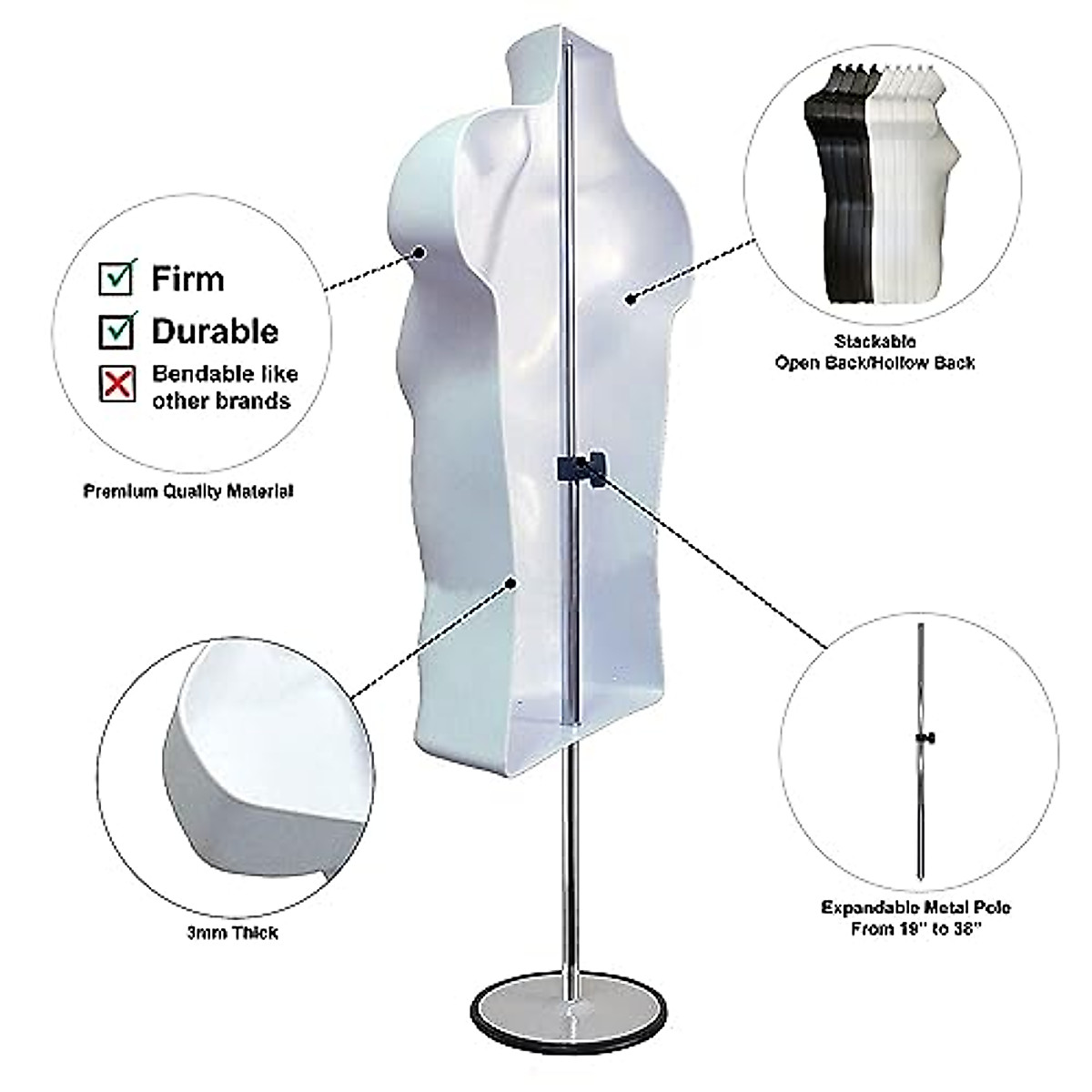 DisplayTown 1 Pack White Male Mannequin Torso with Metal Stand Dress Form Tshirt Display Countertop Hollow Back Body with Metal Pole & Hanging Hook S-M Clothing Sizes