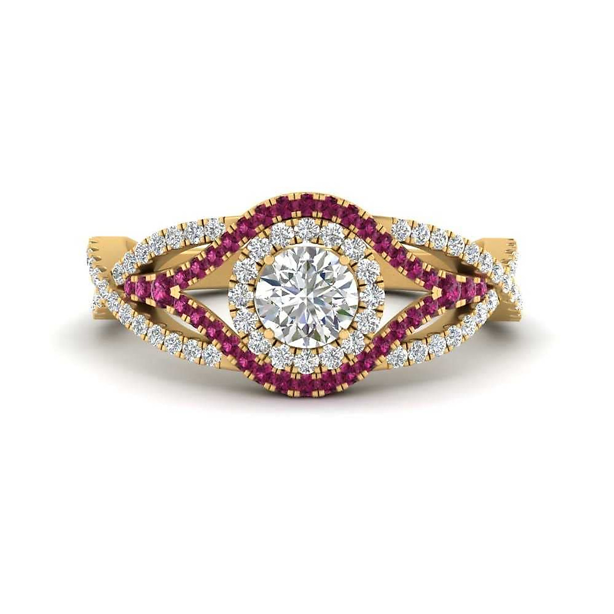 Jewelrygift Round Twisted Pave Double Halo Diamond Ring Yellow Gold Plated Created Pink Sapphire Round Shape Pink Color Double Halo Engagement Ring Prong Setting in Size 4