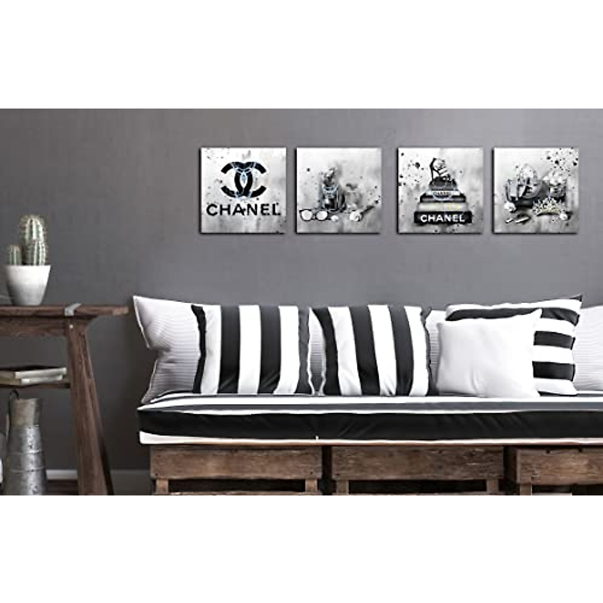 Meetdeceny Fashion Wall-Art For Bedroom Women - Black And White Bathroom Decor Wall Art - Fashion Book Stack Grey Painting Canvas Artwork Size 10"x10" 4 Pieces Ready To Hang