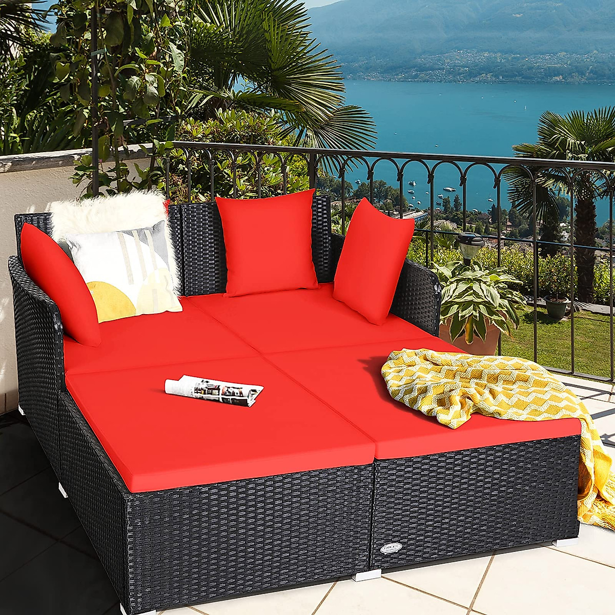 Salches, Outdoor Rattan Daybed, Patio Loveseat Sofa Set w/Comfortable Cushions, Extra Pillows & Metal Foot, Sunbed Wicker Furniture for Yard/Poolside/Living Room/Garden/Porch, Red